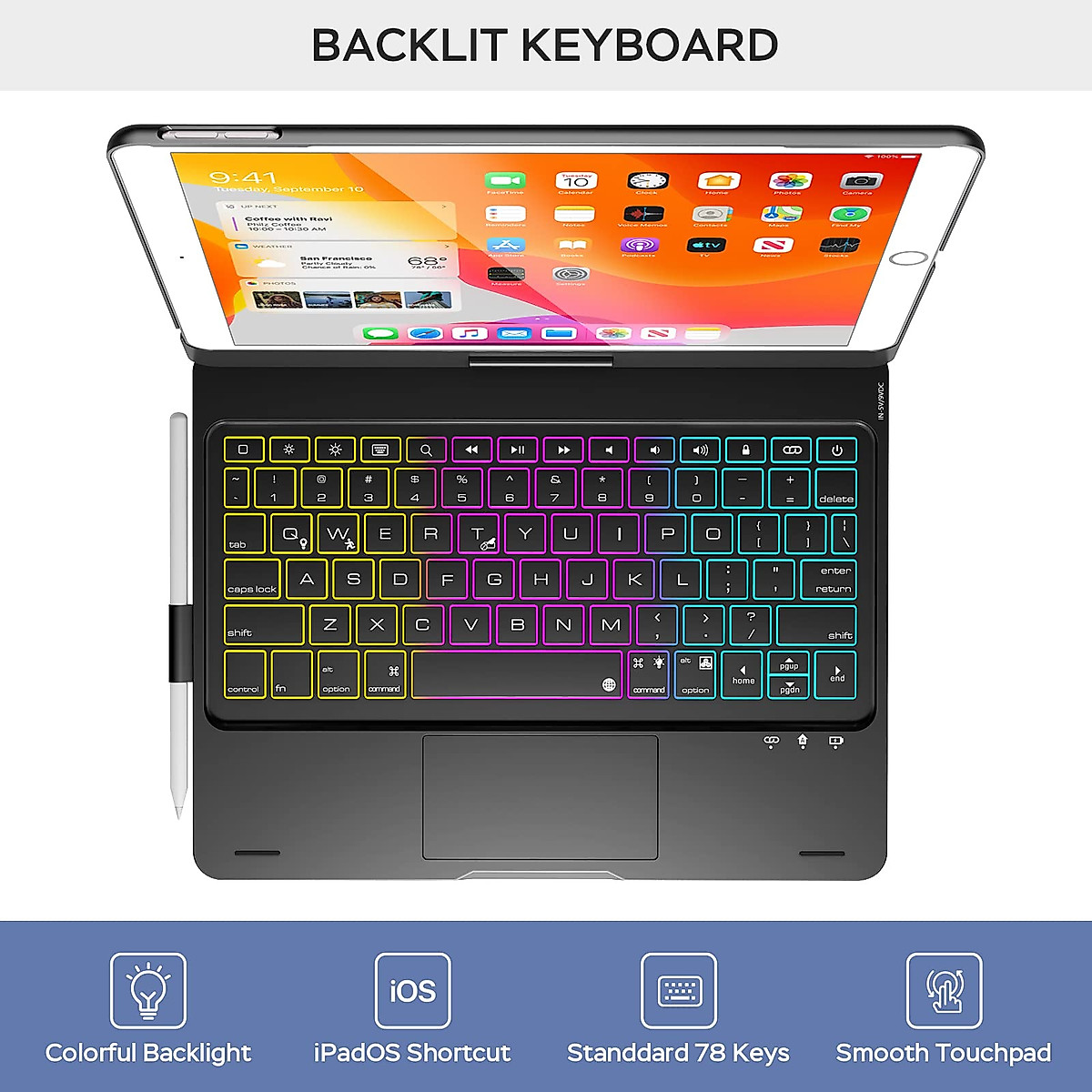 NOKBABO iPad 9th Generation Case with Keyboard 360° Rotatable Touchpad and 7 Color Backlight & Pencil Holder for iPad 9th/8th/7th Gen 10.2 inch & iPad Air 3rd Gen/iPad Pro 10.5 inch - Black