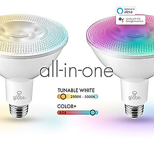 Globe Electric 50043 Wi-Fi Smart 10 Watt (90W Equivalent) Multicolor Changing RGB Tunable White Frosted LED Light Bulb, No Hub Required, Voice Activated, 2000K - 5000K, PAR38 Shape, E26 Base