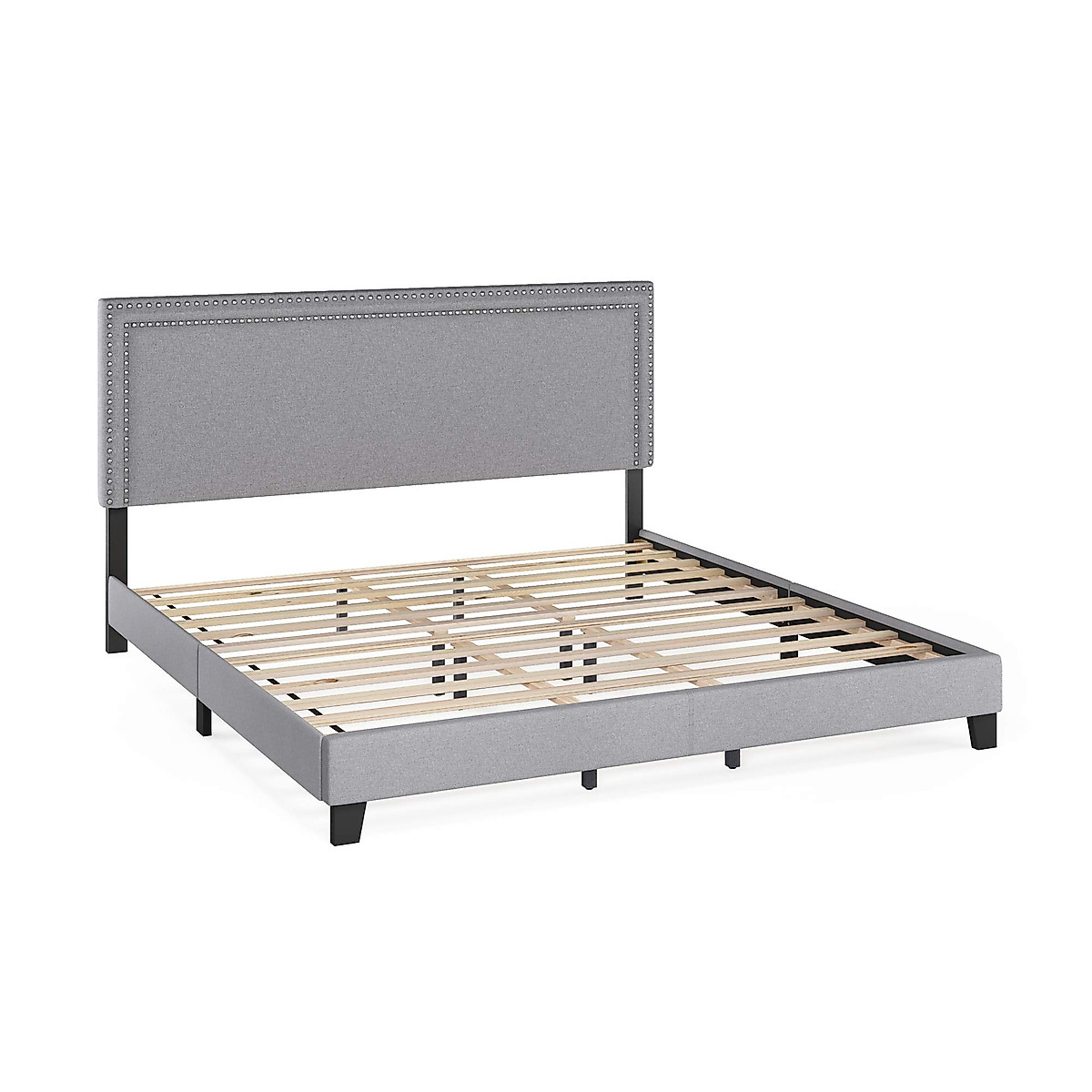 Furinno Laval Double Row Nail Head Upholstered Platform Bed Frame, King, Glacier