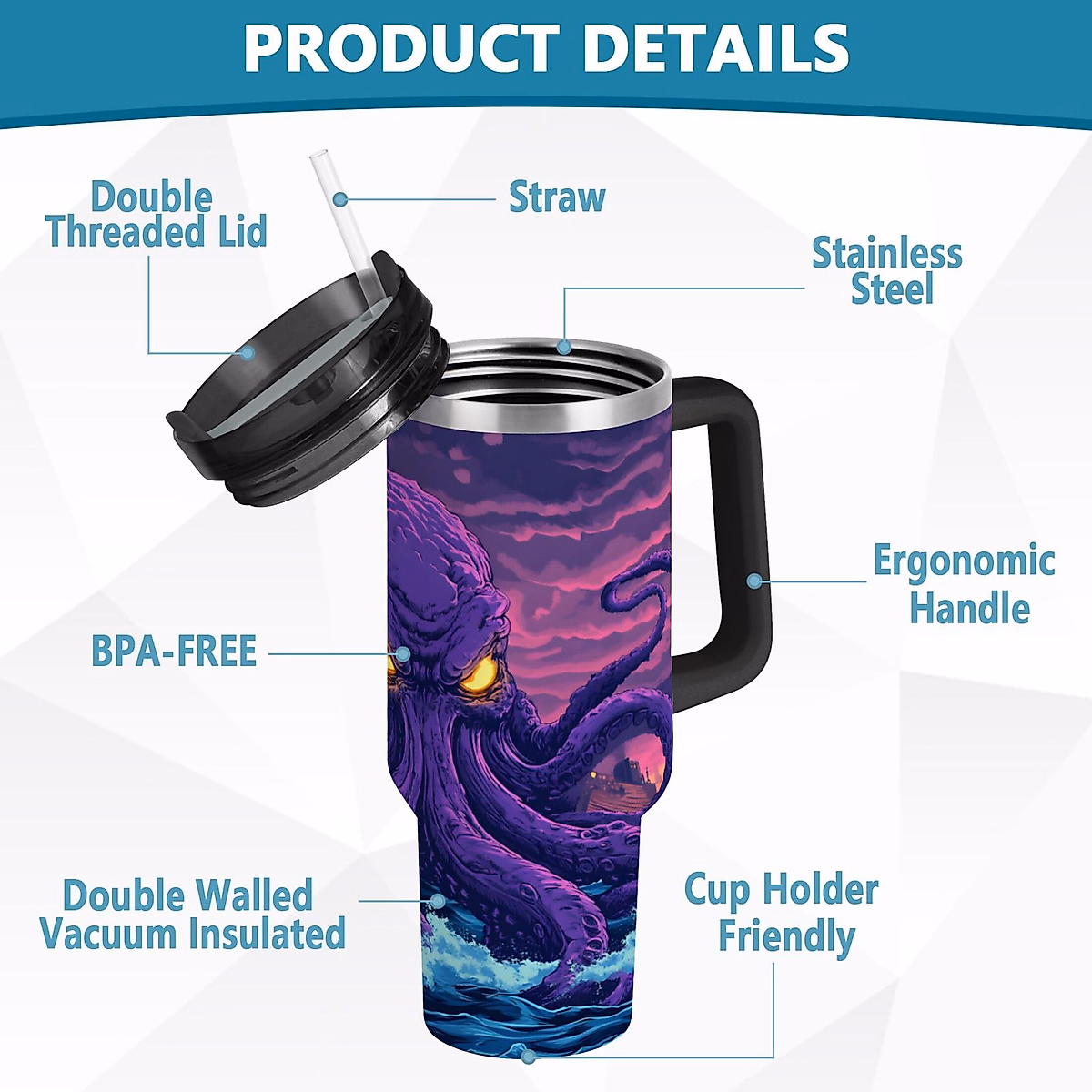 xigua 30 oz Giant Octopus Tumbler with Handle and Straw Lid, Stainless Steel Vacuum Insulated Sports Water Bottle, Keeps Cold or Hot Coffee Cup Travel Mug