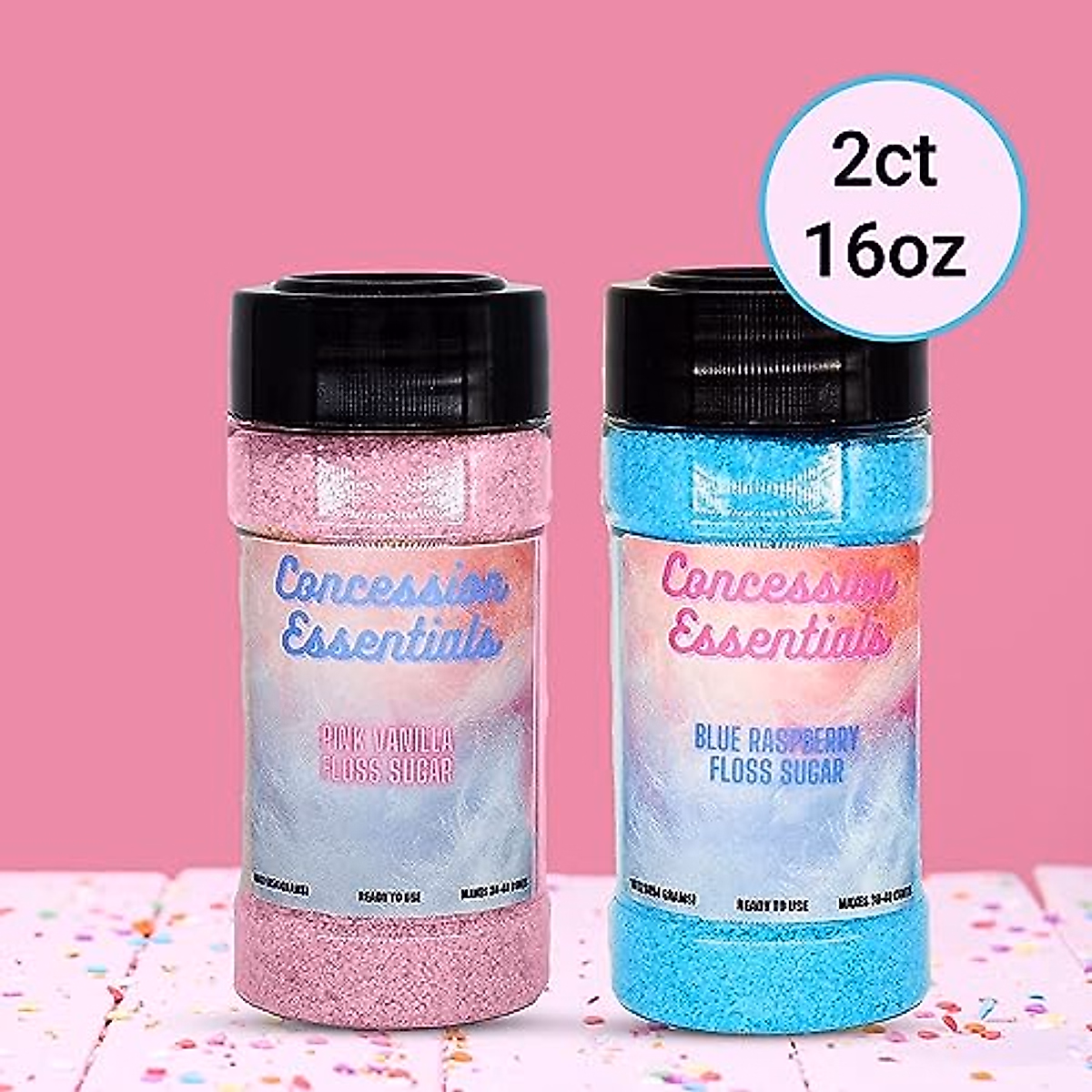 Perfectware 2ct- 16oz Jars of Cotton Candy Floss Sugar (Pink Vanilla and Blue Raspberry)