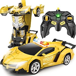 Britik Transform Remote Control Car - Rc Cars, One-Button Transforming, 360° Rotation Drifting, 2.4ghz 1:18 Scale, Gift Kids Aged 4-6 Year Old Boys/Girls, Police Car Yellow