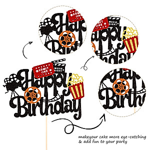 1 PCS Movie Night Cake Topper Happy Birthday Sign Cake Pick Decorations for Theater Video Recorder Roll Camera Popcorn Hollywood Theme Family Film Baby Shower Birthday Party Supplies