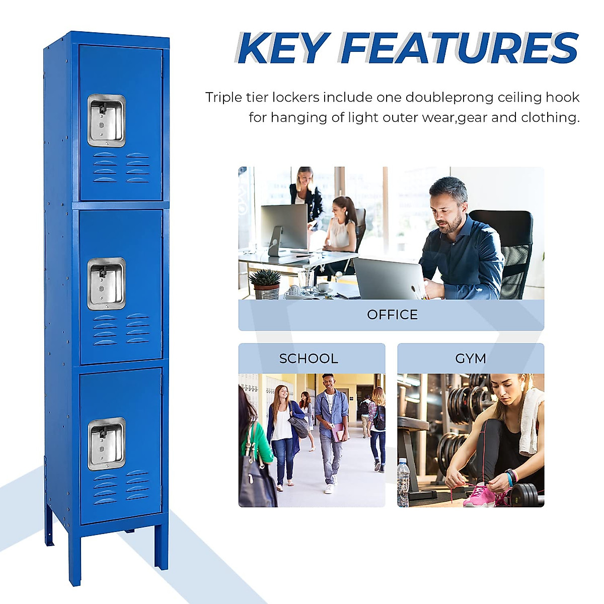 Pataku Metal Lockers for Employees, 3 Tier Storage Locker Cabinet, Steel Lockers 3 Lockable Doors for School, Gym, Office, Home(Blue, 3-Tier)