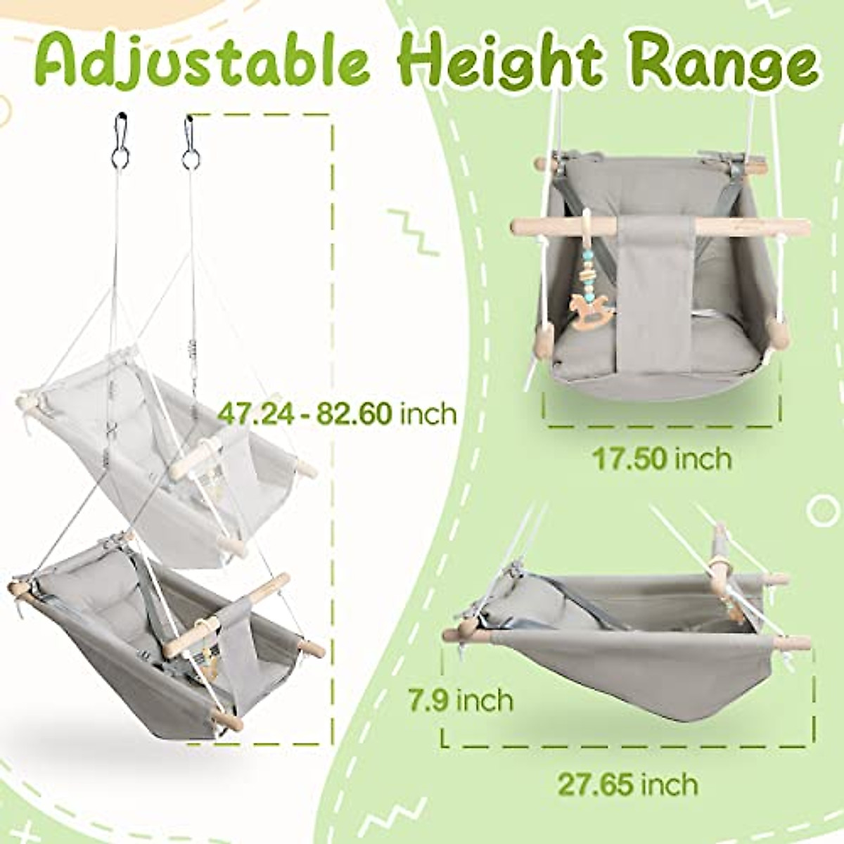Baby Swing Indoor and Outdoor, Canvas Hammock Swing for Baby to Toddler with a Comfortable Seat, Macaroon Wooden Toy, Adjustable 5-Point Harness,3 Modes,Gift for Baby Boys Girls, Grey