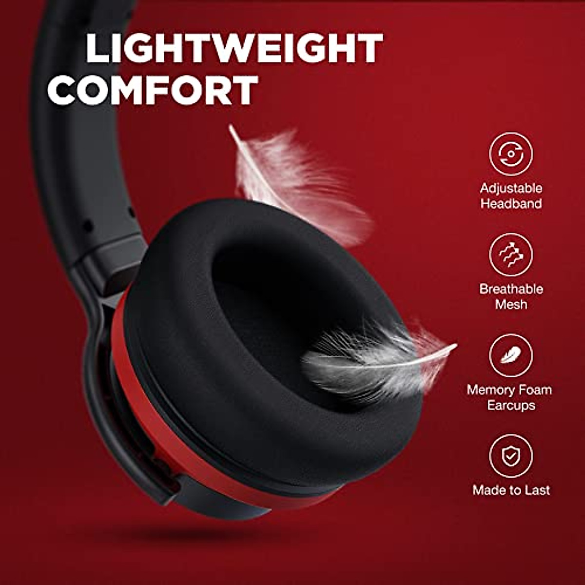 PurelySound E7 Active Noise Cancelling Headphones, Wireless Over Ear Bluetooth Headphones, 20H Playtime, Rich Deep Bass, Comfortable Memory Foam Ear Cups for Travel, Home Office - Red