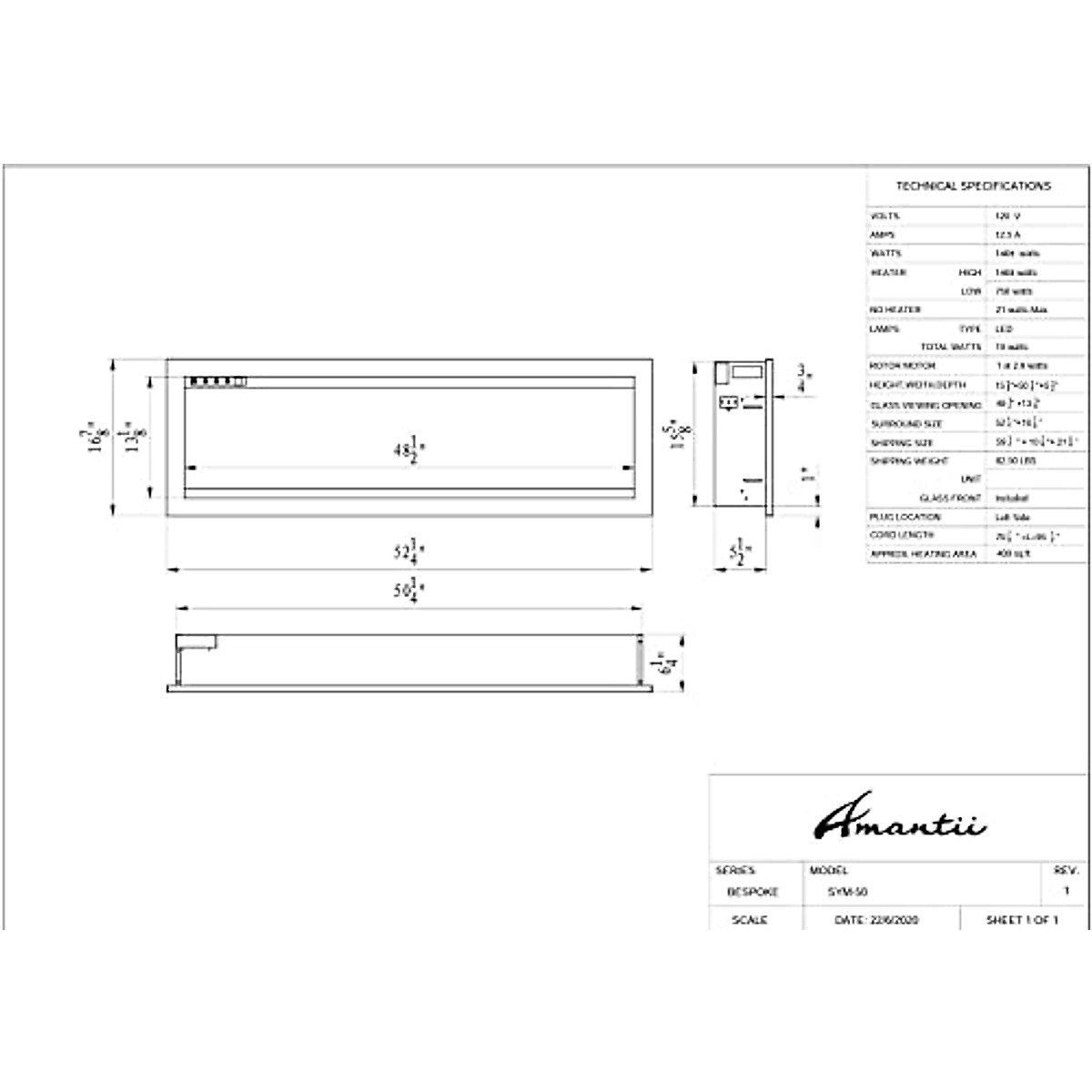 Amantii SYM-50-BESPOKE Symmetry Series Bespoke 50-Inch Built-in Electric Fireplace with Remote, Birch Log Media, Black Steel Surround