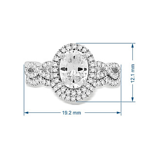 Jewelili Halo Bridal Ring in Sterling Silver with Oval and Round Shape Cubic Zirconia, Size 8