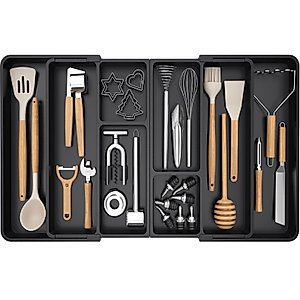 Lifewit Large Utensil Organizer for Kitchen Drawer, Expandable to 36 Inches Wide, Adjustable Cooking Silverware Tray, Plastic Cutlery Flatware Holder, Spatula Tools and Gadgets Storage Divider, Black