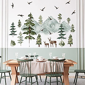 Mountain Wall Decals Large Pine Tree Wall Decals Peel and Stick Forest Tree Woodland Deer Birds Animal Wall Decals Mountain Tree Wall Stickers for Kids Room Nursery Decor