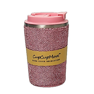 Cupcupmore 12 oz Bling Pink Rhinestone Stainless Steel Coffee Tumbler,Shiny Travel Insulated Coffee Mug with Lid, Reusable Spill Proof Coffee Cup,Portable Thermal Mug for Hot and Cold