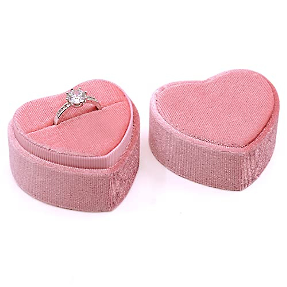 MYEBIUAI Velvet Ring Box Pink - Premium Gorgeous Heart Shape Ring Box Display Holder with Detachable Lid Ring Bearer Box for Proposal, Engagement, Wedding, Ceremony, Anniversary