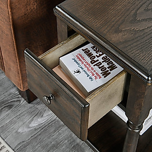 LEEMTORIG Narrow End Table with Drawer, Solid Wood 2 Tier End Side Table with Storage Shelves, Slim Nightstand for Small Spaces, Living Room, Bedroom, Easy Assembly, Rustic Black BBJ-004-BK