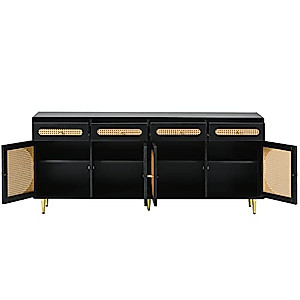 Modern TV Stand with 4 Rattan Doors and 4 Drawers, Entertainment Center for TVs Up to 65", Media Console Table Storage Sideboard Cabinet with Adjustable Shelves for Living Room Bedroom (Black-4R)