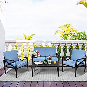 Tangkula 4PCS Outdoor Aluminum Patio Conversation Set, Patio Sofa Set 1 Loveseat, 2 Single Sofas, 1 Coffee Table, Outdoor Furniture Set w/Padded Cushions for Garden, Yard, Pool, Backyard (1, Blue)