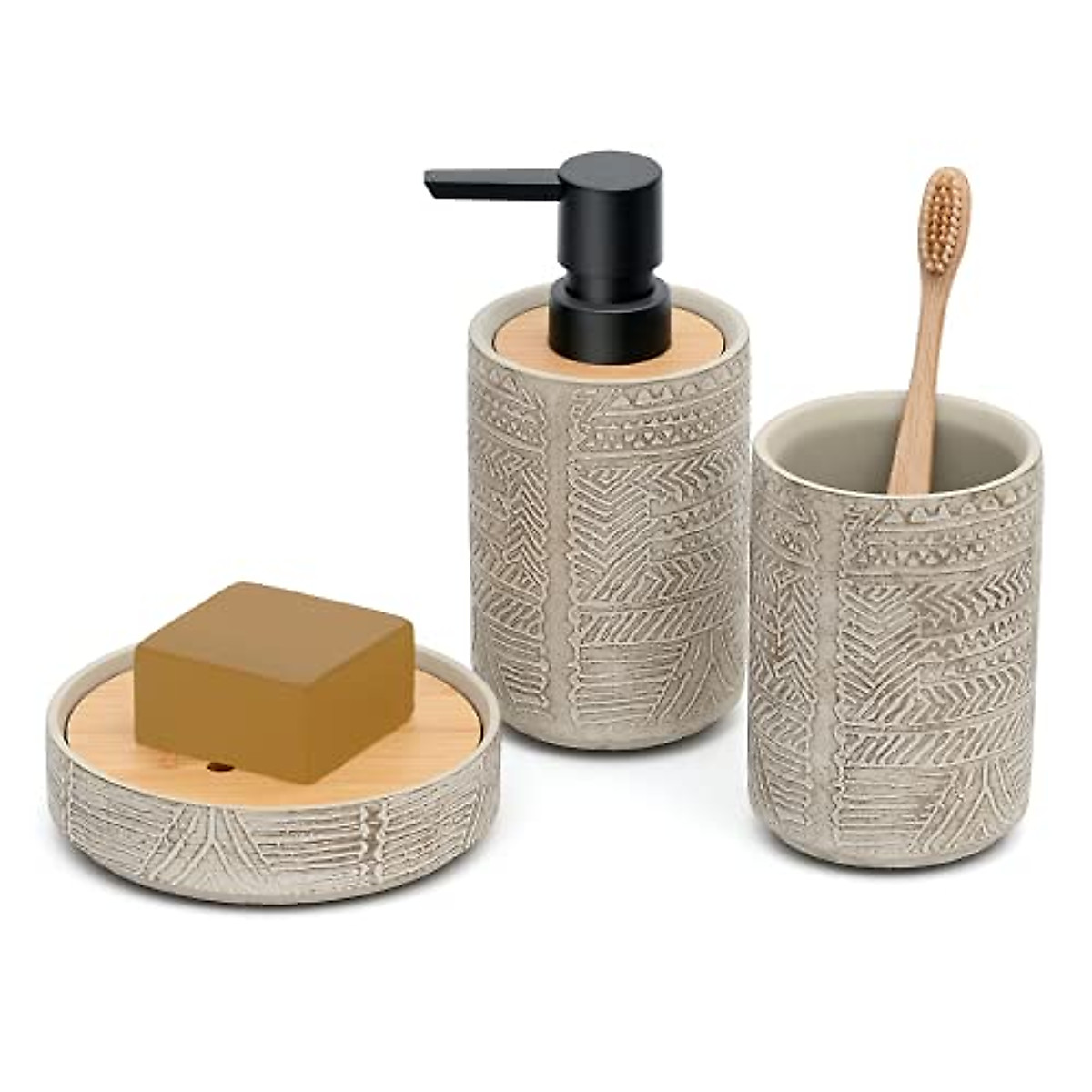 Grey Bathroom Accessories Set, Includes Ceramic Bathroom Soap Dispenser, Toothbrush Holder, Soap Dish and Concete Tray