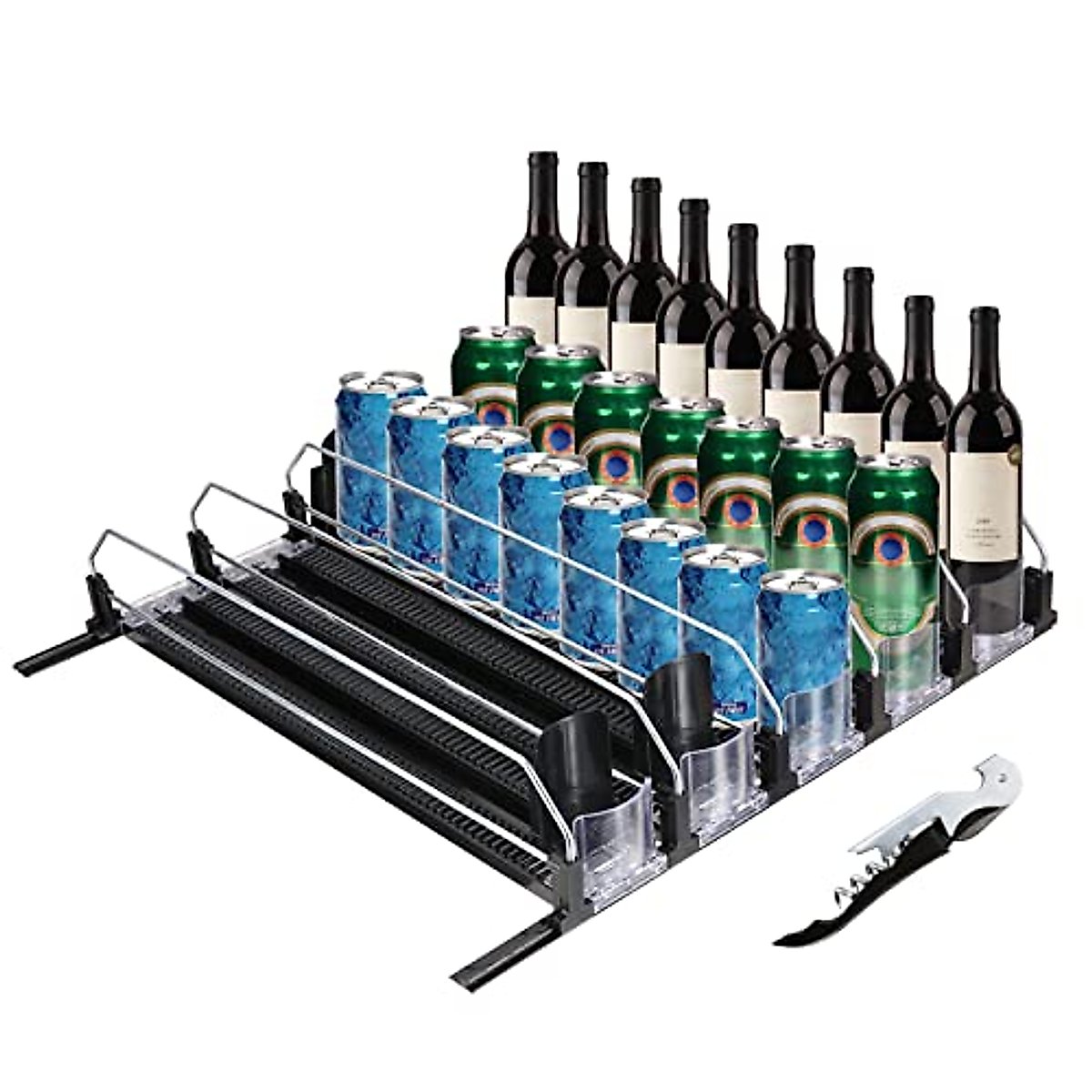 ONCHSH Drink Dispenser for Fridge With Latest Jar Opener Bottle Opener,Automatic Pusher Glide Soda Can Drink Organizer for Refrigerator,Width Ajustable Beverage Self-Pushing-（5，41cm）