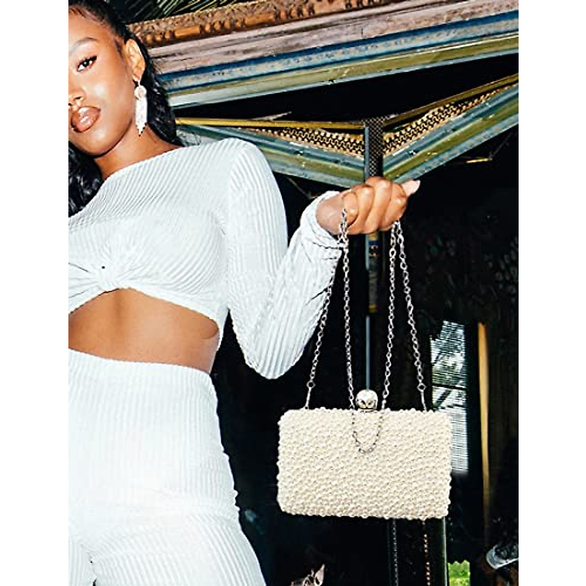 ZAKIA Womens Faux Pearl Beaded Evening Clutch Bag Bridal Wedding Handbag Party Embedded Frame Purse (Cream White)