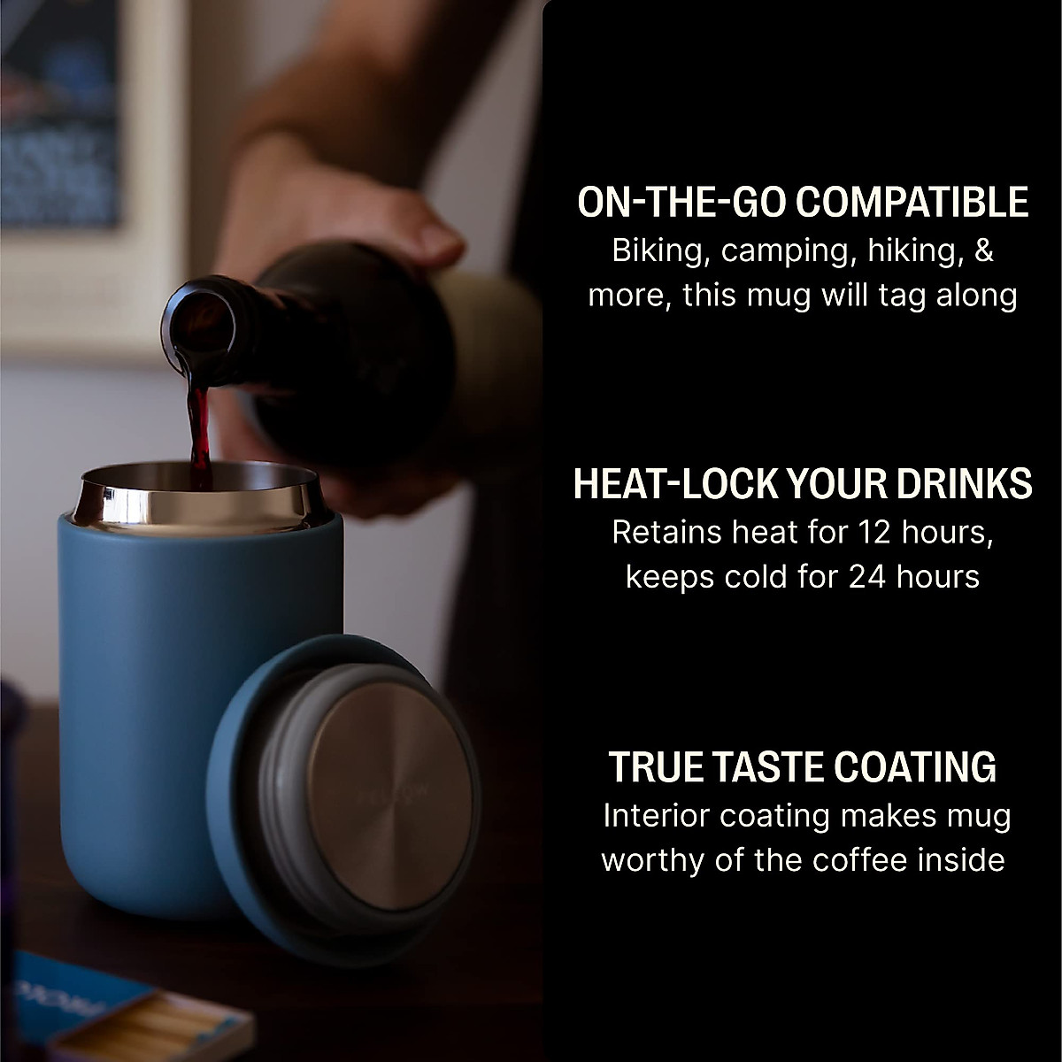 Fellow 12 oz Carter Wide Travel Mug - Wide Mouth Vacuum-Insulated Stainless Steel Coffee Mug - Tea and Coffee Tumbler - Travel Coffee Mug with Ceramic Interior - Stone Blue