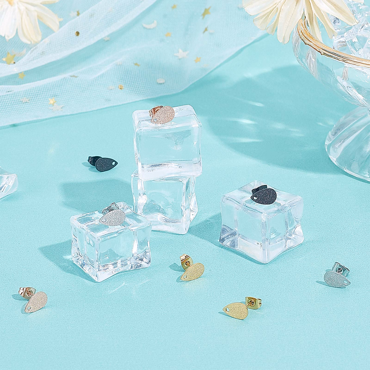 UNICRAFTALE About 80pcs Vacuum Plating 304 Stainless Steel Hypoallergenic Stud Earring Findings,Neutral Style with Texture, Teardrop Shape, 4 Color Mixed Earring Set