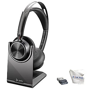 Plantronics Poly Voyager Focus 2 UC, Bluetooth Stereo Headset with Charge Stand, USB-A for Teams, Connects to Deskphone, PC/Mac, Smartphone - Global Teck Bundle w/Microfiber Cloth