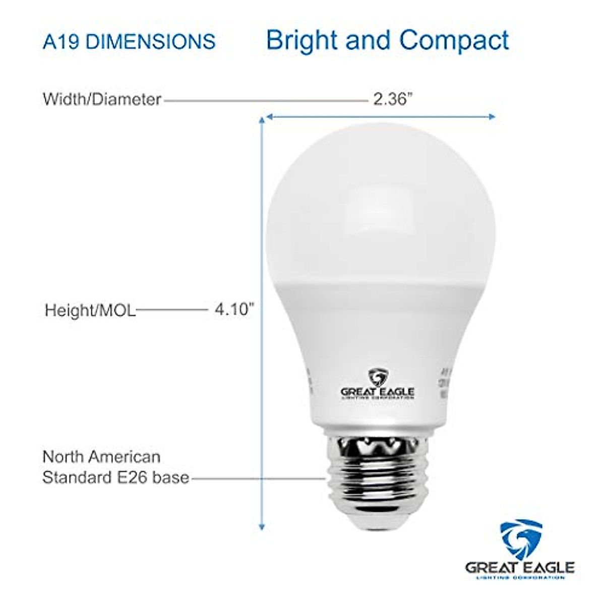 Great Eagle A19 LED Light Bulb, 9W (60W Equivalent), UL Listed, 3000K Soft White, 750 Lumens, dimmable, Standard Replacement (4 Pack)