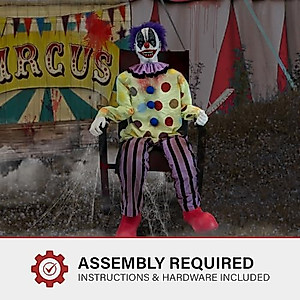 Haunted Hill Farm Motion-Activated Thrashing Clown with a Meat Cleaver by Tekky, Sitting Scare Prop Animatronic for Indoor or Covered Outdoor Creepy Halloween Decoration, Plug-in or Battery Operated