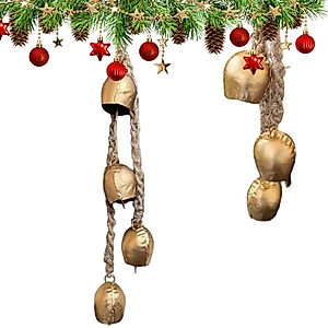 Handmade Brass Finish Hanging Bells for Door Chimes with Jute Rope, Shabby chic decorative bells for christmas 4 bells Wall Décor, winter holiday easter and home decor