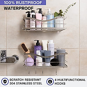 KINCMAX Shower Shelves 2-Pack - Self Adhesive Caddy with 4 Hooks - No Drill Large Capacity Stainless Steel Wall Shelf - Aesthetic Organizer for Inside Bathroom - Polished Silver