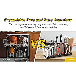 Pots and Pans Organizer Lid Organizer Dishes Bakeware Storage Rack Expandable Black Rack Holder with 10PCS Adjustable Compartment for Kitchen Cabinet Cupboard Drawer Counter