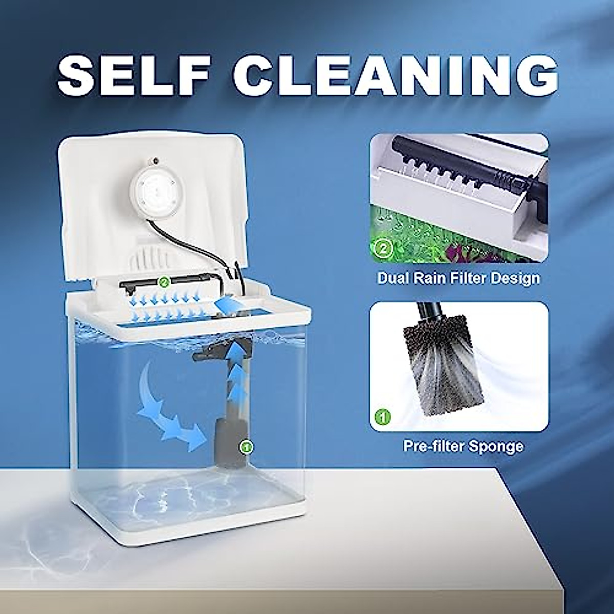 TARARIUM Glass Betta Fish Tank Set Up Aquarium Starter Kit Small Nano 2 Gallon with Waterfall Filter and Planted Light, Self Cleaning for Shrimp Goldfish Desktop Office Home Room Decor