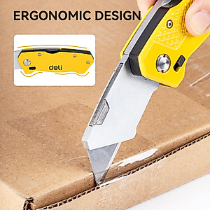 deli Folding Utility Knife Box Cutter Quick Change Blades, Back-lock Small Utility knife, Portable Belt Clip, with 5-Piece Extra Blades, Yellow