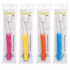 NIMBUS NIMBY Kid's Extra Soft Toothbrushes for Sensitive Teeth and Receding Gums, Periodontist Design Plaque Remover Travel Toothbrush, Individually Wrapped (4 Pack, Colors May Vary)