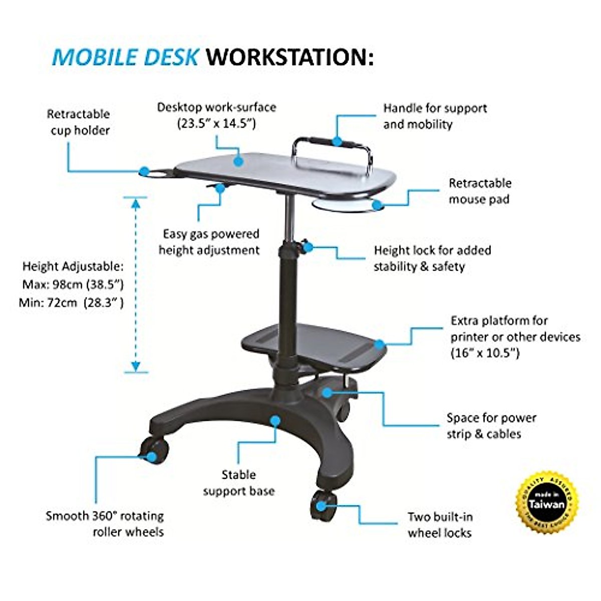 Aidata Ergonomic Sit-Stand Mobile Laptop Cart Work Station with Printer Shelf. with Built in Cup Holder and Mouse Pad. Black (Model: LPD009P)