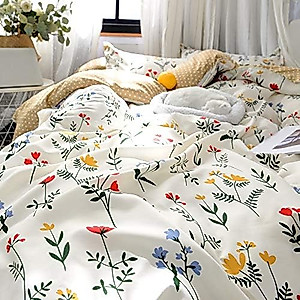 ARIGHTEX Red Yellow Floral Microfiber Bedding Comforter Cover Set Full Size Nature Botanical Quilt Cover Green Leaves Printed Duvet Cover with Zipper Closure (3 Piece)