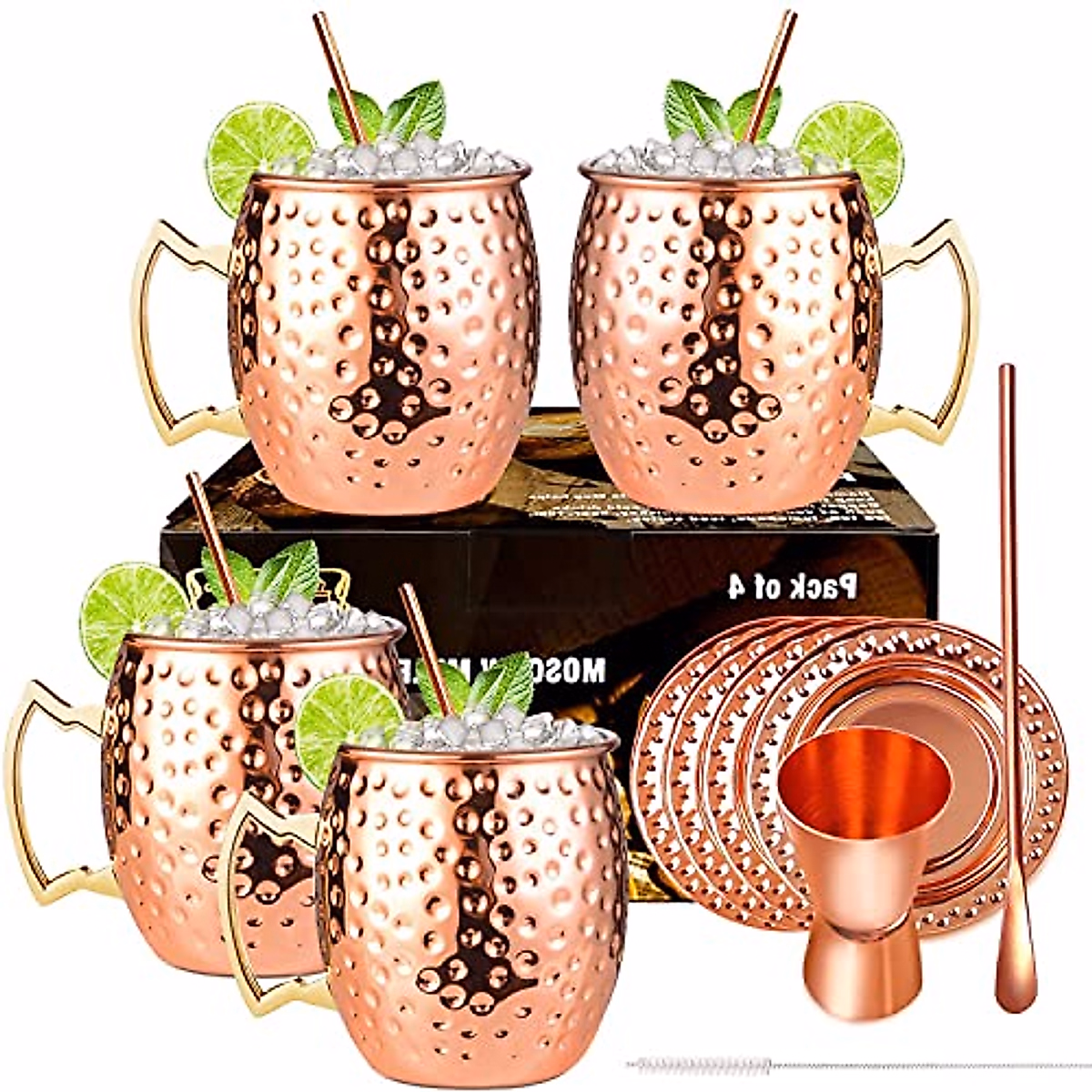 LIVEHITOP Moscow Mule Mugs Gift Set of 4, 19.5Oz Copper Cups with Copper Coasters, Bar Spoon, Jigger, Straws, Brush for Cold Drinking, Party, Home Bar