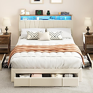 DWVO LED Bed Frame King Size, Storage Bed Frame with 4 Drawers & LED Light, Upholstered Platform Bed with Storage Bookcase Headboard and Charging Station, No Box Spring Needed, Easy Assembly, Beige