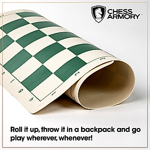 Chess Armory Roll Up Chess Set - 17" On-The-go Travel Chess Set - Vinyl Roll Up Portable Chess Board & 2 Extra Queens - Light and Mobile Chess Set - Play Chess Anywhere, Anytime!