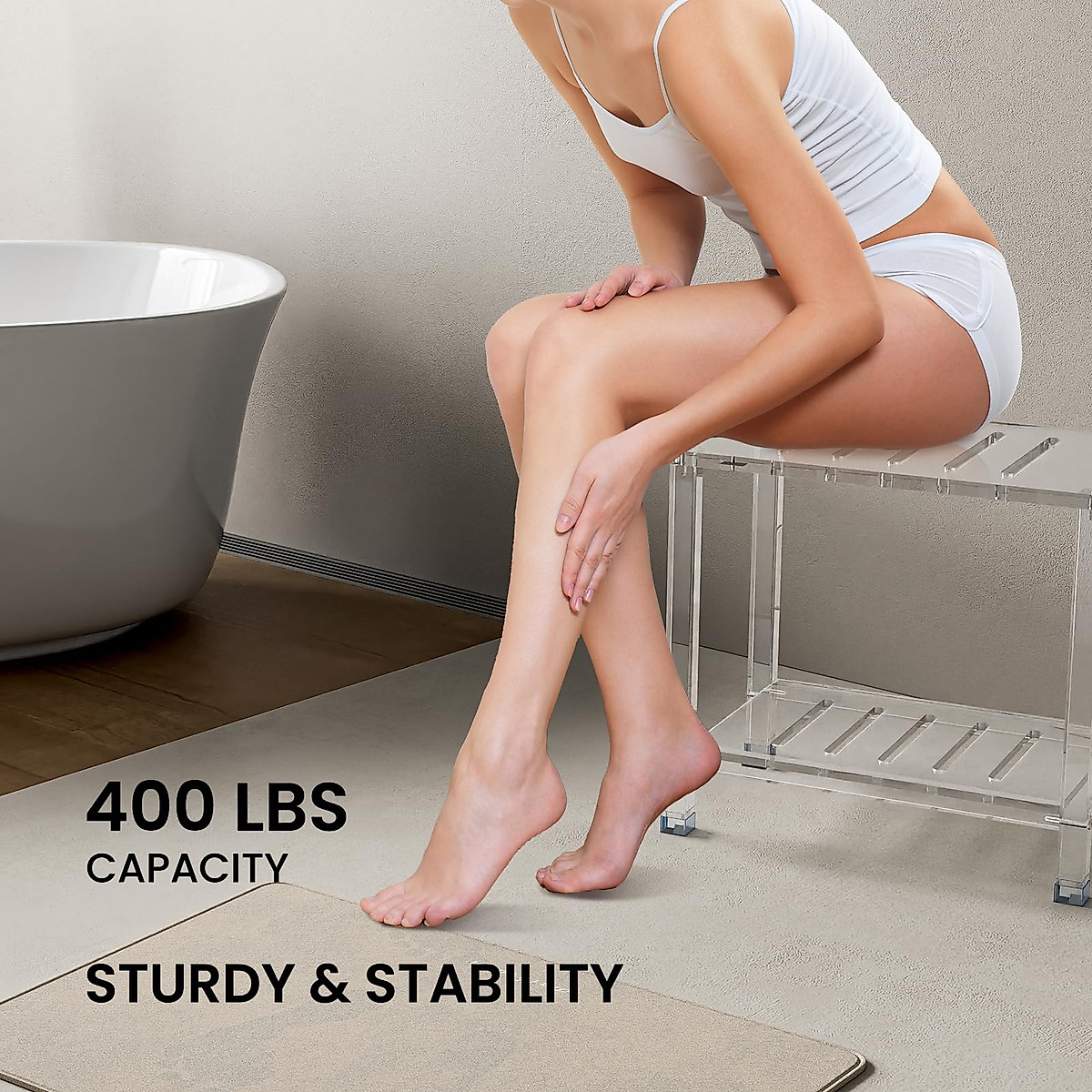 Sumerflos Acrylic Shower Bench for Inside Shower - 12.99" D * 24.02" W * 18.31" H Bathroom Shower Stool with Storage Shelf Heavy Duty (Hold Up To 400lbs) for Shaving Legs Waterproof Non-Slip