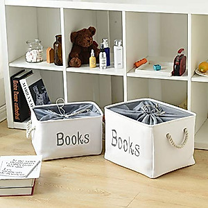 INough Book Basket for Kids Room, Book Storage Box Shelf Organizer for Kids Collapsible Book Bins with Drawstring Closure Baby Storage Bins Book Storage Container for Nursery/Classroom/Bedroom/Living room, for Magazines/Cartoon Book Reading(Large, Books)
