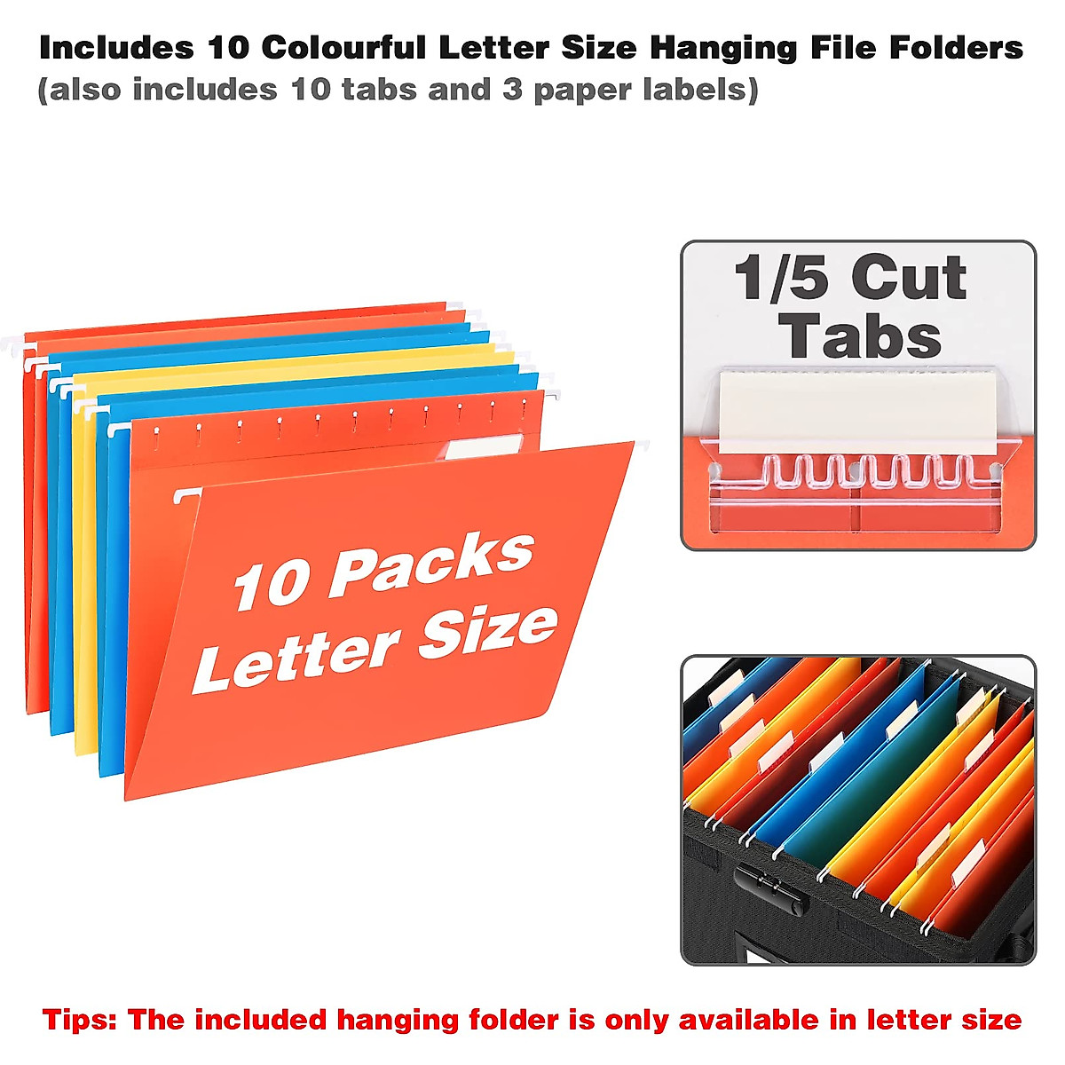 AMBOR File Box with 10 Packs File Folders(Letter Size), Fireproof File Document Box with Lock, Portable Filing Cabinet for Home Office, Document Organizer for File Folders/Certifications/Books