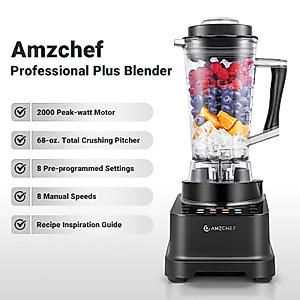 AMZCHEF 8-IN-1 Professional Blenders, 2000 Watts Commercial Blender for Kitchen with Timer, Innovative LED Panel, 8 Functions for Smoothies, Shakes & More, 8 Speeds & Pulse, 68 oz. Pitcher, Black
