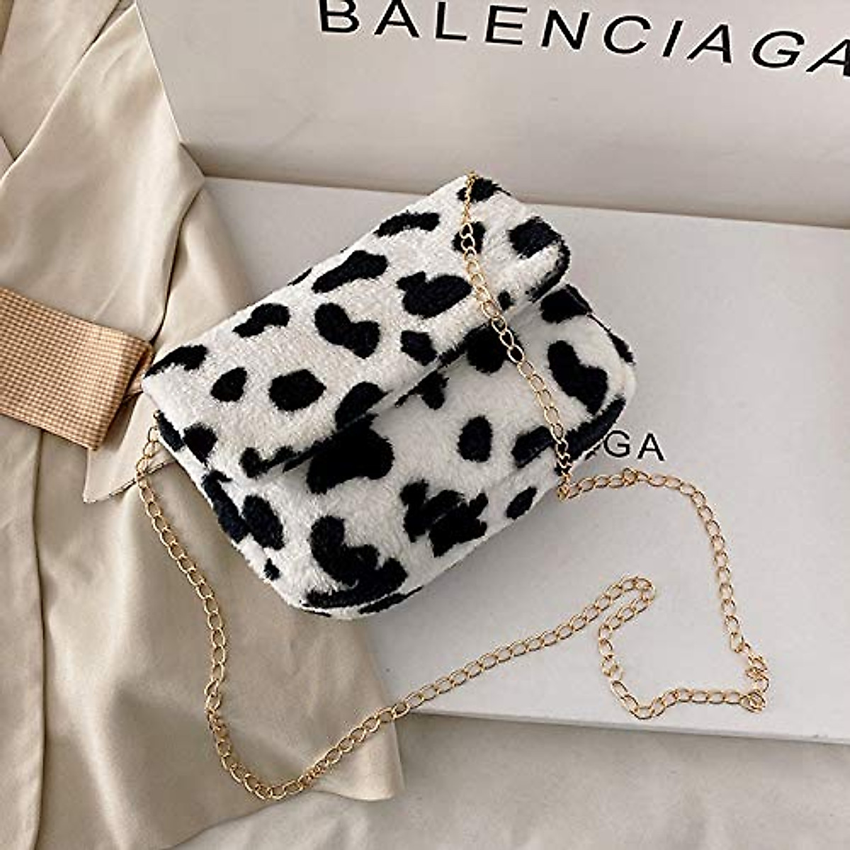 RARITYUS Women Fashion Leopard Print Shoulder Bag Fluffy Plush Handbag Cow Print Crossbody Purse Faux Fur with Chain Strap