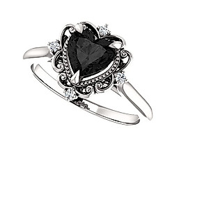 2.20 CT Heart Cut Onyx Black Diamonds Vintage Art Deco Halo Wedding Band Ring for Women in 925 Sterling Silver Rhodium Plated (Silver, 11)