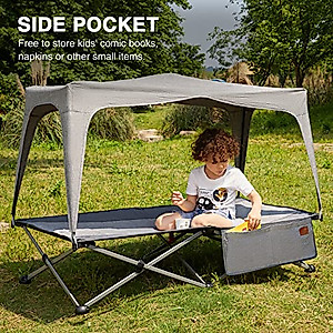 EVER ADVANCED Portable Deluxe Toddler Sleeping Cot with Canopy, Foldable Kids Camping Cot Travel Bed, with Carry Bag, for Indoor & Outdoor,140lbs, Grey
