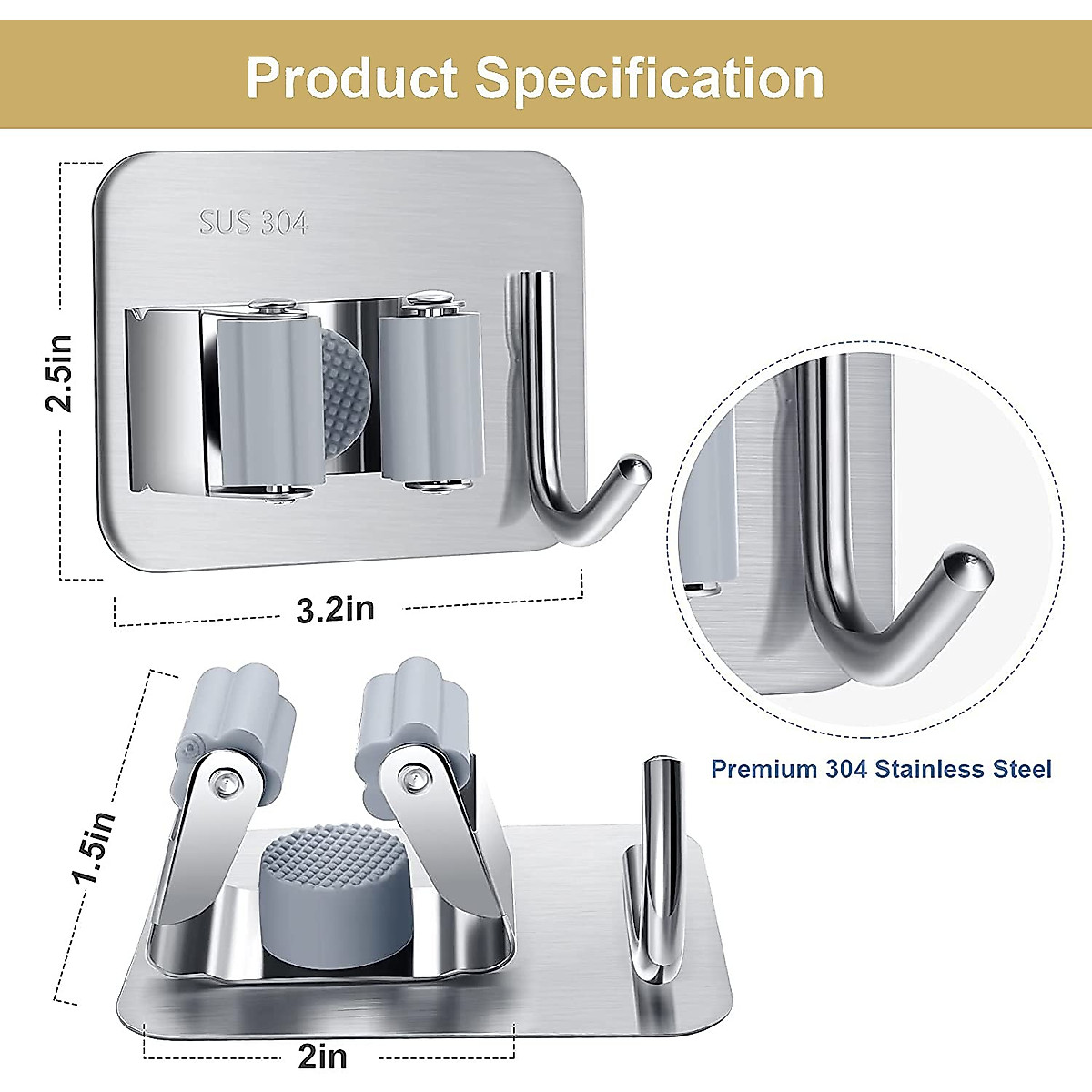 HUOWUSS Broom Mop Holder, 3PCS Sturdy Broom Holder Wall Mount, 304 Metal Stainless Steel Broom Holder and Storage, Utility Storage Rack Heavy Duty Tools Hanger for Home Office Closet & Garden