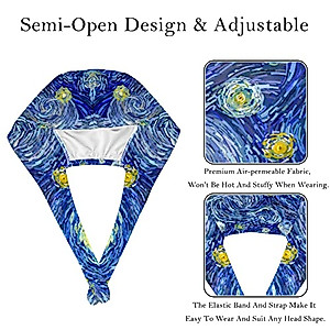 Mersov Bouffant Caps with Button, Surgical Scrub Cap for Men Women, 2 Pieces Blue Starry Sky Space Galaxy Working Hat Tie Back Hat, Medium-3X-Large