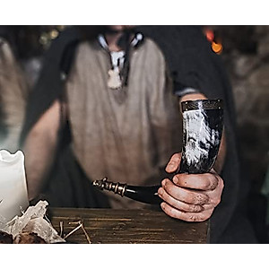 Norse Tradesman Genuine 20" Ox-Horn Viking Drinking Horn with Antique Brass Rim & Wolf Tip, Fitted Horn Stand & Burlap Gift Sack - The Fenrir, 20-Inches, Low Polish