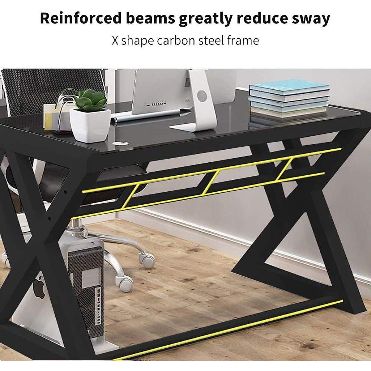 IPKIG Glass Desk, Modern Computer Desk with Carbon Steel Frame and Glass Top, Home Office Desks Computer Table Study Writing Desk Workstation for Living Room, Black (55.1 Inch)