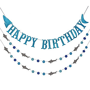 Shark Happy Birthday Banner and Shark Garlands, Ocean Beach Under The Sea Theme Party, Shark Party Supplies (Blue)